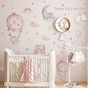 Dream Big Little One Elephant Wall Stickers Pink Hot Air Balloon Stars Wall Decals Baby Girl Room Decor for Nursery Peel and Stick Wall Decoration for Bedroom