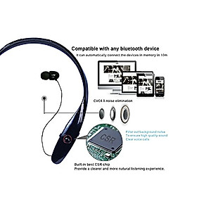 Tone Infinim HBS-900 Bluetooth Headset, Neckband Headphones with Retractable Earbuds for Running/Sports Water-Proof Noise Canceling Wireless Earbuds for LG iPhone Android/All (Black .)