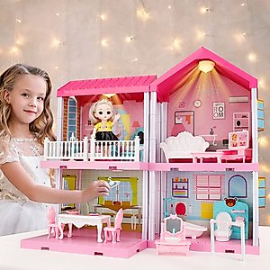 Dollhouse Kit, Doll House Asseccories and Furniture, DIY Pretend Play Building Playset Toys with Doll and Lights, Princess House for Toddlers, Kids Boys & Girls (4 Rooms)
