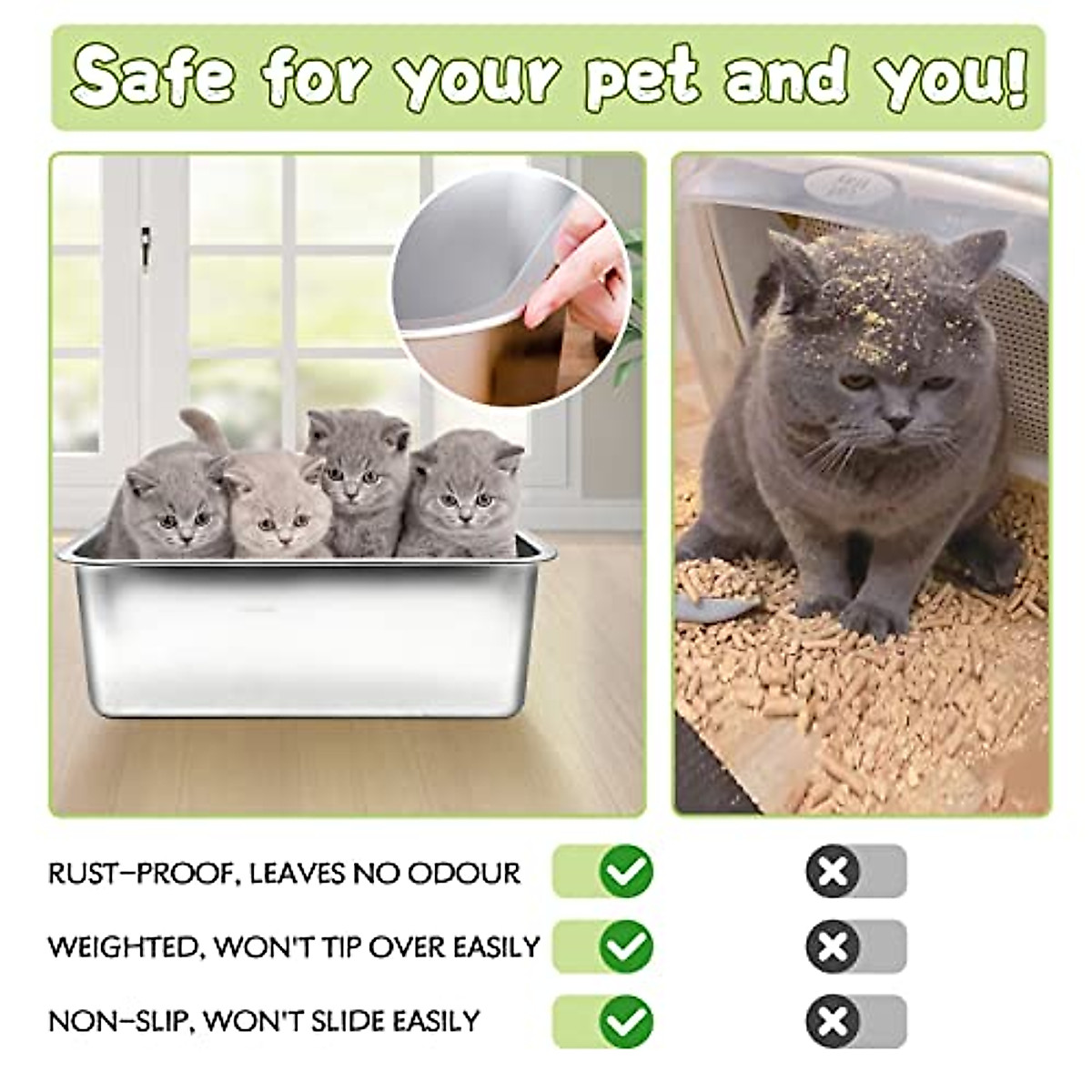 BNOSDM 2 Pack Stainless Steel Litter Box Smooth Litter Pan for Cats and Rabbits Metal Cat Litter Box High Sided, Non Stick, Easy to Clean, 17.7" L X 13.8" W X 5.9" H