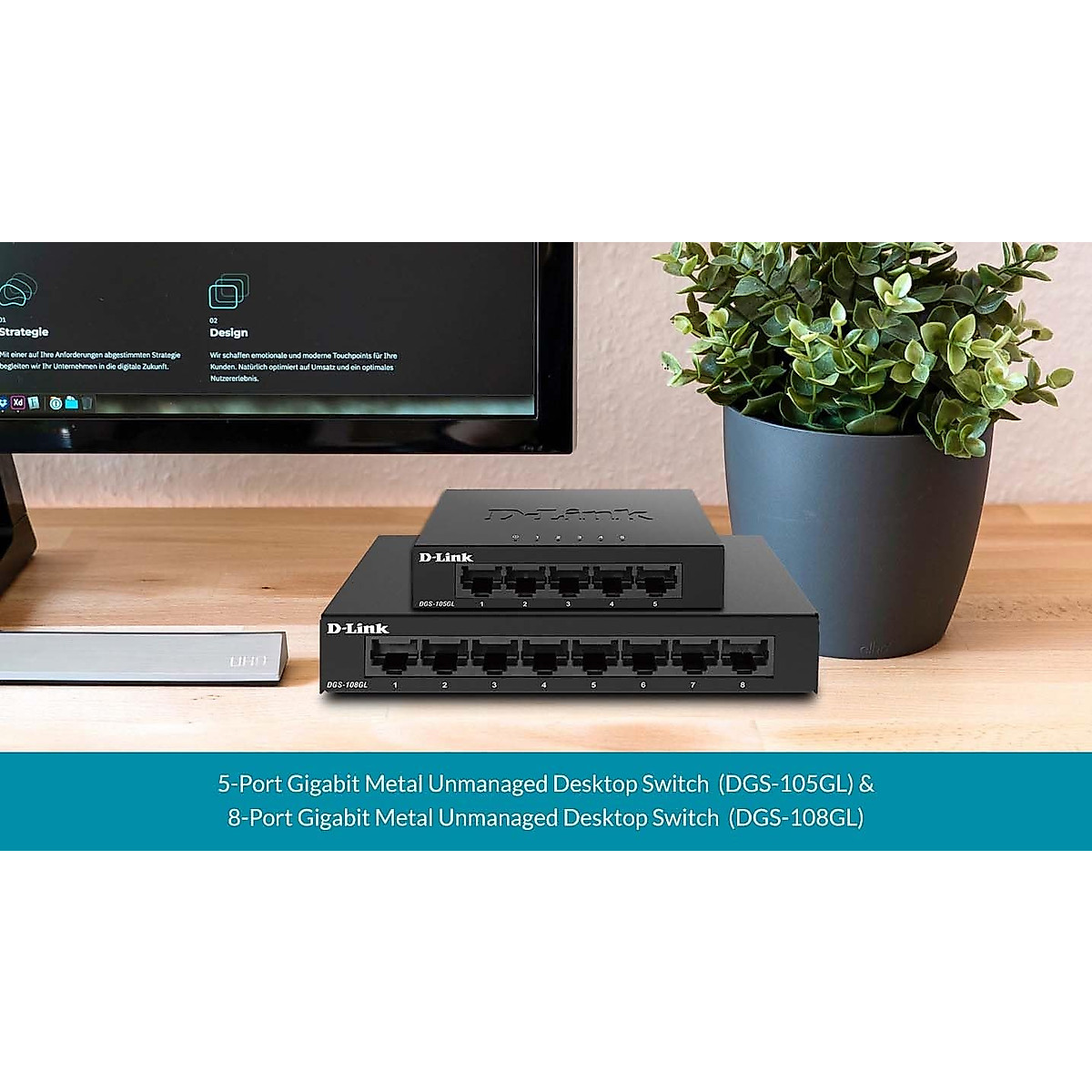 D-Link Ethernet Switch, 8 Port Gigabit Unmanaged Desktop Plug and Play Sturdy Metal Housing Fanless Design EEE Brown Box (DGS-108GL)