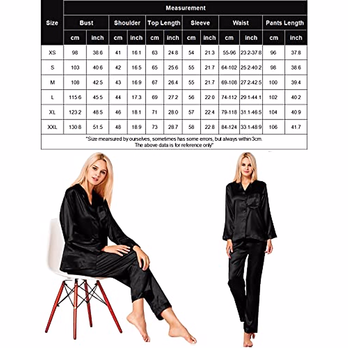 SWOMOG Women‘s Silk Satin Pajamas Set Long Sleeve Sleepwear Button Down Pjs Loungewear with Pocket Black