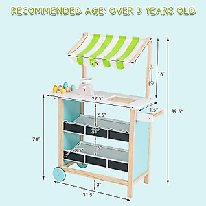 INFANS Wooden Grocery Store Marketplace Toy, Supermarket Pretend Play, Extra Storage 6 Ice Creams Scales Bells Chalkboards, Fun Indoor Farmer's Market Stand Set Gift for Ages 3+