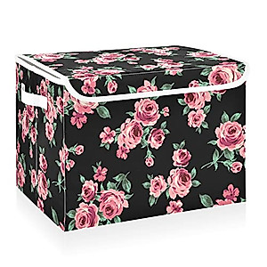 CaTaKu Pink Rose Floral Storage Bins with Lids Fabric Large Storage Container Cube Basket with Handle Decorative Storage Boxes for Organizing Clothes Shelves