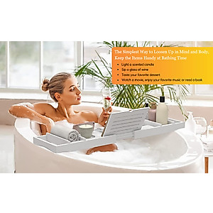 Bamboo Bathtub Tray Bath Tub Caddy with Expandable Handles Wine Glass Phone Holder Book Stand for Bathroom White
