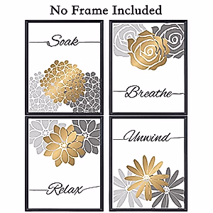 Unframed Relax Soak Unwind Breathe Bathroom Wall Decor - Paintlig 8x10 inch Bathroom Wall Art, Abstract Flowers Gold Foil Print Bathroom Decor Wall Art, Set of 4 Bathroom Pictures for Wall Decor, Bathroom Art (Gold)