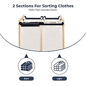 STO STO Laundry Sorter 2 Section with Bamboo Frame, 2 Bag Laundry Hamper, Rolling Laundry Cart Basket with Lockable Wheels and Removable Bag for Clothes Storage in Laundry Room and Bedroom, Beige