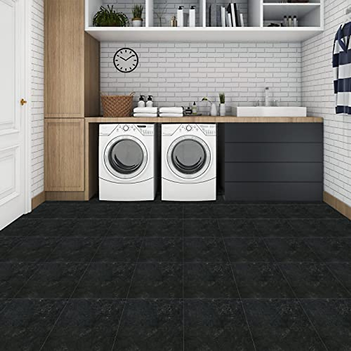 Peel and Stick Floor Tile Black Marble Vinyl Flooring Coverings Kitchen Bedroom Ground House Renovation Vinyl Tile Easy to Apply 10 Pieces/Pack