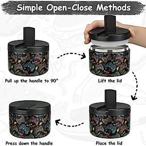 Pawtong 12oz Insulated Vacuum Food Jar with Buckle Lid Wide Mouth Soup Thermo for Hot Food Kids Leakproof Stainless Steel Lunch Container (Black-Game)