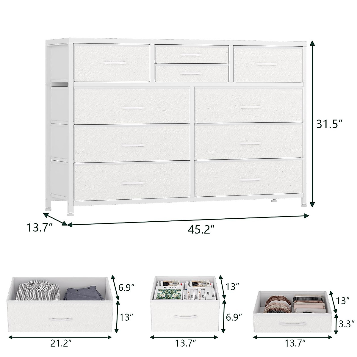Jojoka Wide 10 Drawer Dresser,TV Stand Entertainment Center Fabric Storage Dressers Drawers for Bedroom, Hallway, Nursery, Closets, Steel Frame, Wood Top (White)