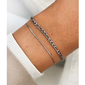 Honsny 6PCS Stainless Steel Bracelets for Women Men,14K Gold Plated Cuban Link Paperclip Chain Bracelet Dainty 6.3/7/7.8/9.5 Inch Stainless Steel Bracelet Set Fashion Jewelry