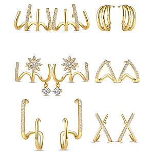 Ofeiyaa 6 Pairs Earrings Stud Claw Ear Cuff X-shaped Heart Snowflake Shiny CZ Trendy Minimalist Dainty Double Wrap Huggie Earrings for Women Gold Tone