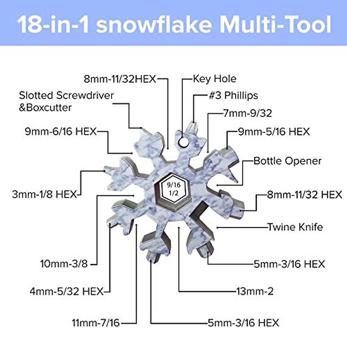 KALID’S Snowflake Multitool- Portable Stainless Steel 18 in 1 Tool For Bottle Opener, Screwdriver, Outdoor Travel, Camping, Gift - Snowflake Multi Tool (Blue Marble)