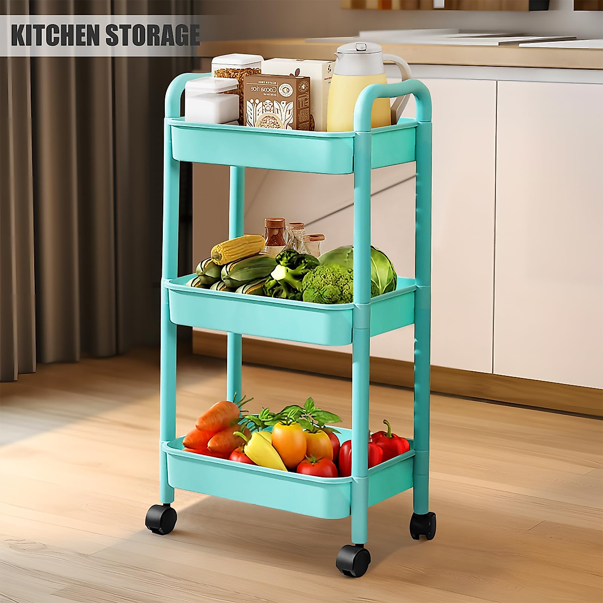 3 Tier Utility Rolling Cart with Handle, Multifunctional Storage Organizer Rolling Carts with Wheels for Bathroom Office Living Room (Green)