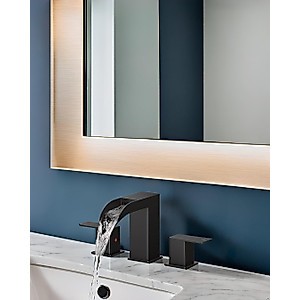 QFN Black Bathroom Faucet 3 Hole, Waterfall Bathroom Faucets with Metal Pop-up Drain and Cupc Hose, Matte Black Widespread Bathroom Sink Faucet, Two Handle Faucet for Bathroom Sink