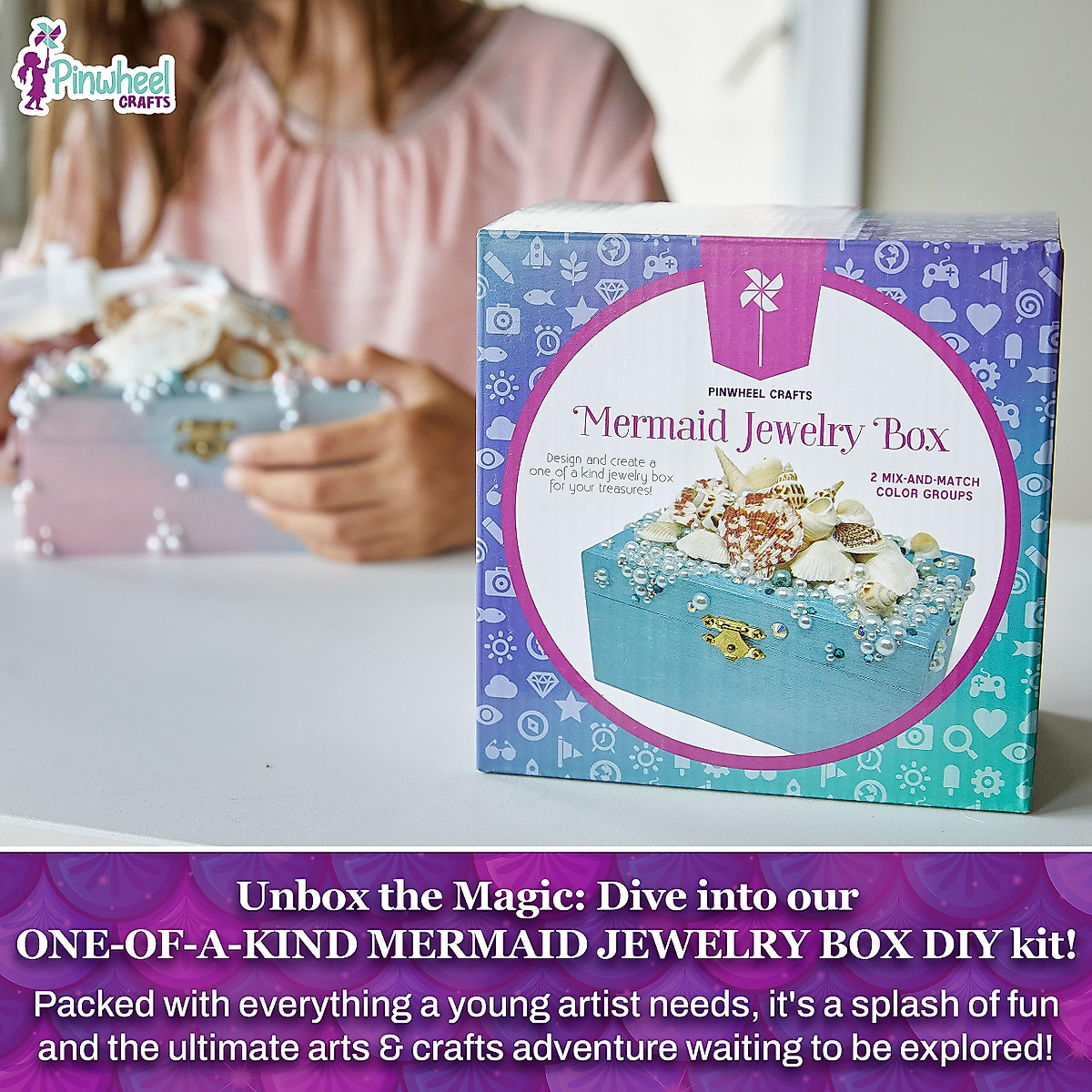 Pinwheel Crafts Mermaid DIY Jewelry Box Kit for Girls Ages 4+ - 530Pcs Make Your Own Jewelry Box - Mermaid Treasure Kids Gift - Painting Arts and Crafts for Girls 4-6