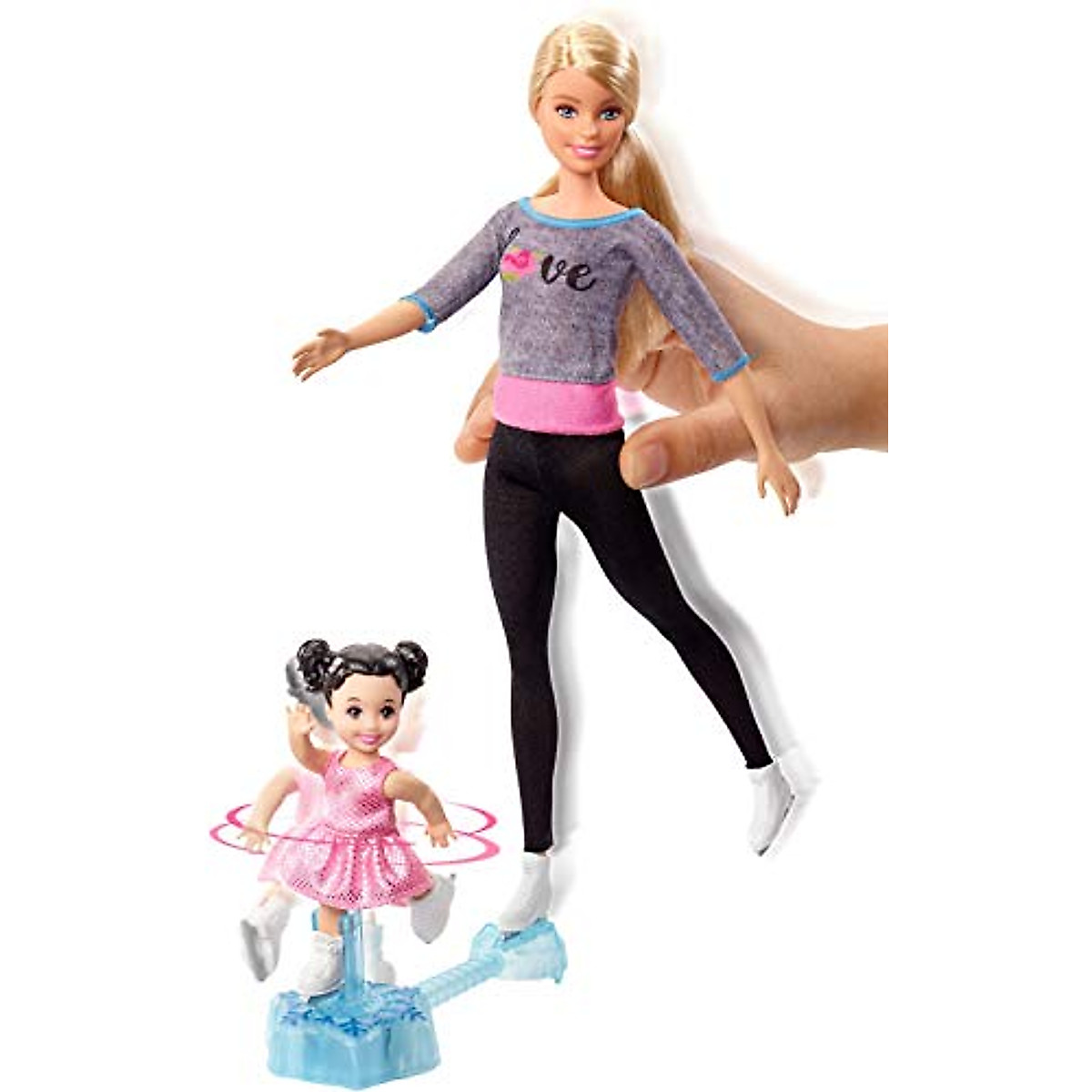 Barbie Ice-Skating Dolls & Playset with Blonde Coach Barbie Doll, Brunette Small Doll and Ice-Skating Base with Turning Mechanism, Gift for 3 to 7 Year Olds