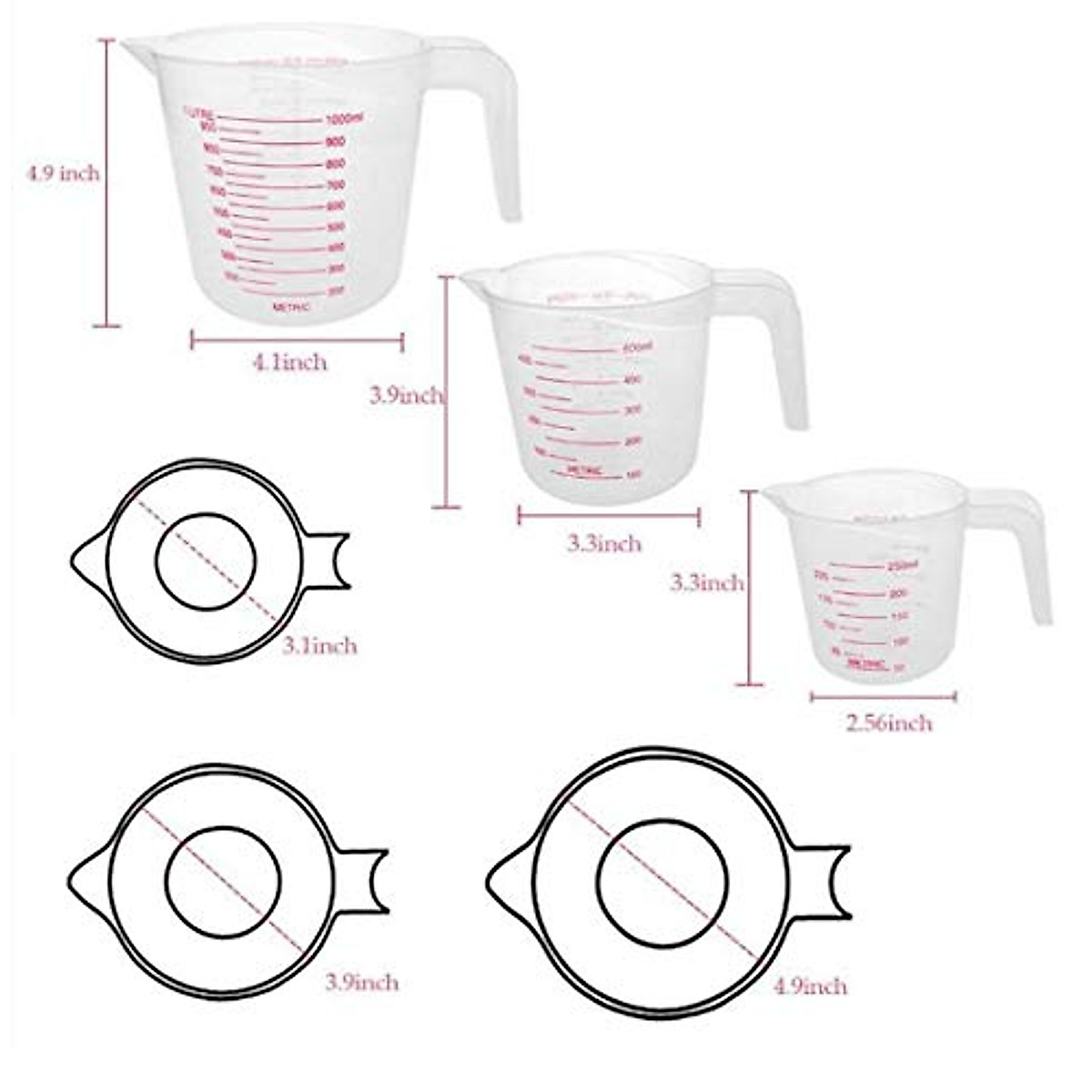 Millie Plastic Measuring Cup Set,3Pcs BPA Free Plastic Clear Heat-resistant with Angled Grip and Spout Stackable Liquid Measuring Cup for Kitchen Use