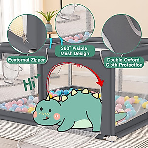 BRIAN & DANY Extra Large Baby Playpen, 59"x71" Play Yard for Babies and Toddlers with Gate, Sturdy Safety Baby Fence with with Basketball Frame, Ocean Balls, Pull Rings and Handbag (Grey)
