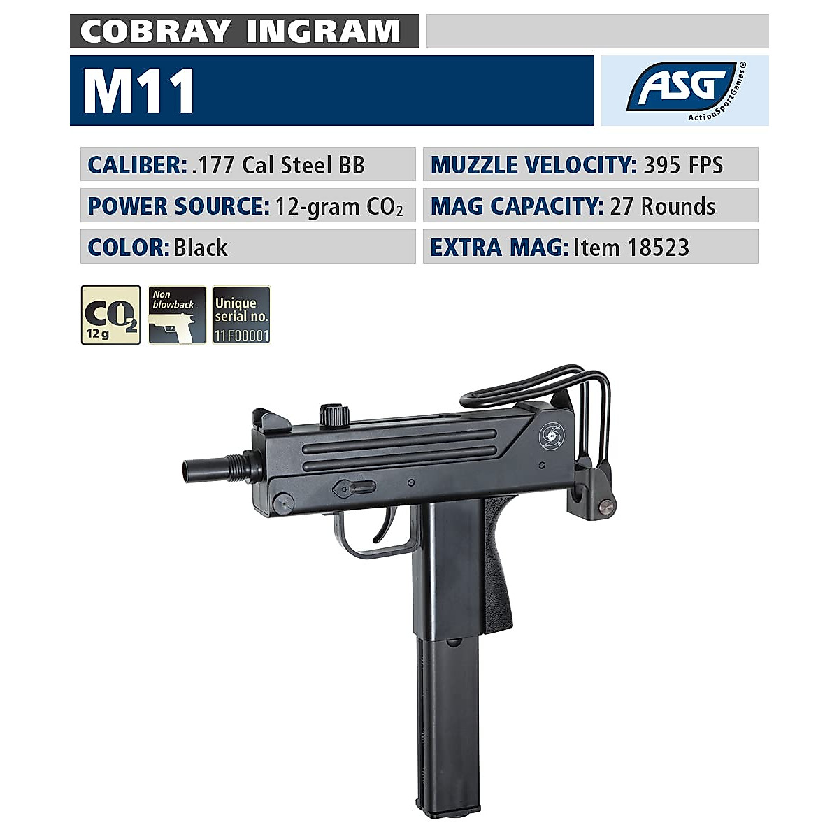 ASG Ingram/Cobray M11 .177 Caliber Steel BB Gun Non-Blowback Air Pistol