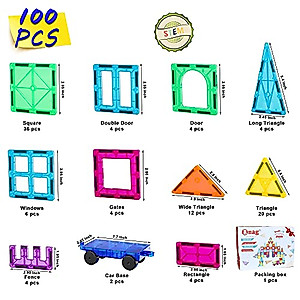 Bmag Magnetic Tiles, 100PCS Magnet Building Blocks for Kids , Stacking Building Set for Boys Girls, STEM Preschool Educational Learning Construction Toy with 2 Cars