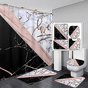 My-baby Rose Gold Marble Bathroom Shower Curtain Sets with Rugs,Toilet Pad Cover and Bath Mat,Rose Gold Faux Marble with Love Waterproof Polyester Shower Curtain Set 4 Pcs Bathroom Decor