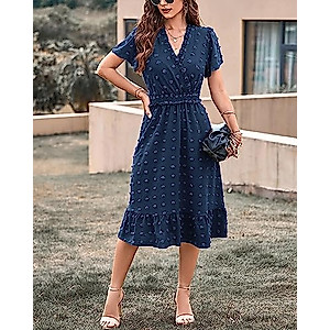 BTFBM Women's Summer Elegant Short Sleeve V Neck Swiss Dot Midi Dresses Cute Boho High Waist Long Dresses A-Line Ruffle Dress（Solid Navy,Large
