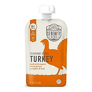 Serenity Kids 6+ Months Baby Food Pouches Puree Made With Ethically Sourced Meats & Organic Veggies | 3.5 Ounce BPA-Free Pouch | Pasture Raised Turkey, Sweet Potato, Pumpkin, Beet | 6 Count