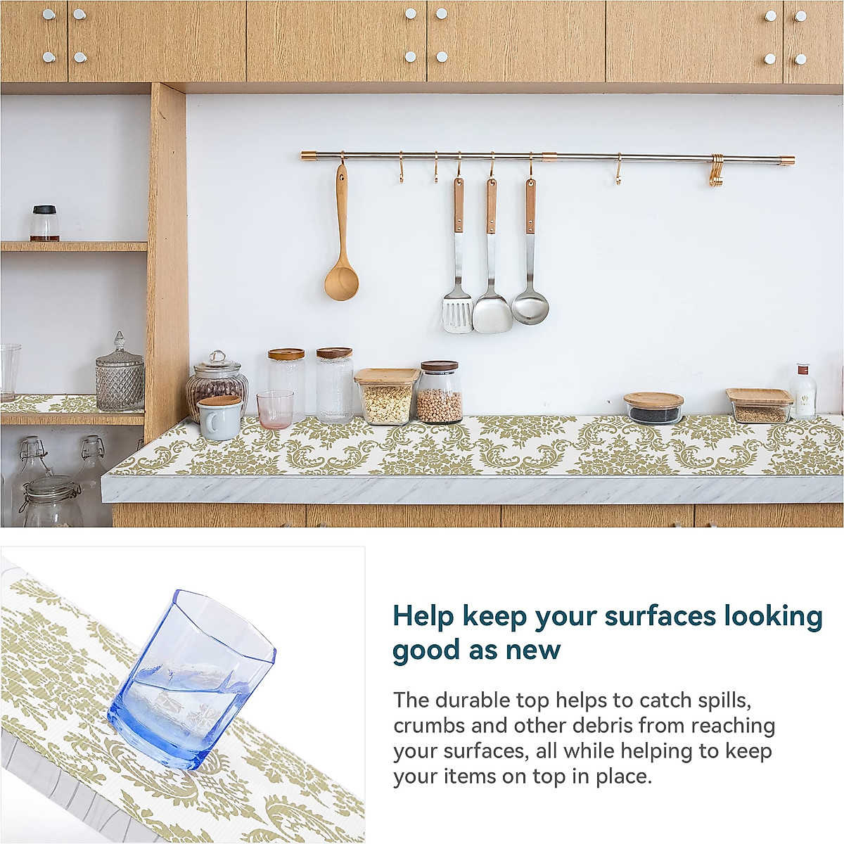 Dwellaid Shelf Liner 18inch Wide for Kitchen Cabinets Non Adhesive Gold 18inx8FT Kitchen Drawer Liner, Waterproof Shelf Liner Durable Anti-Slip for Kitchen Cabinets Shelf Liners for Kitchen Cabinets