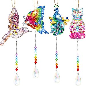 Queekay 4 Pieces Diamond Art Sun Catcher DIY Wind Chime Kit Hanging Double Sided Hummingbird Butterfly Cat Peacock Shape Crystal Number Ornament for Adults Kids Home Garden Decoration