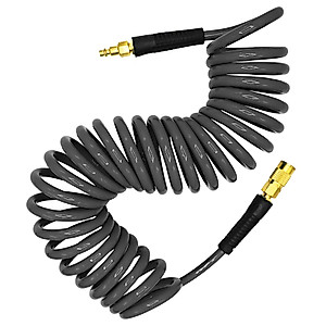 YOTOO Polyurethane Recoil Air Hose 3/8" Inner Diameter by 25' Long with Bend Restrictor, Repairable 1/4" Industrial Quick Coupler and Plug, Gray