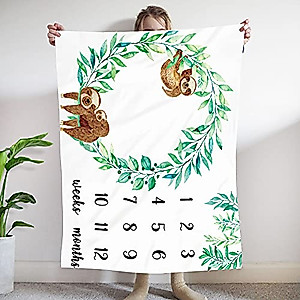 Sloth Baby Monthly Milestone Blanket Baby Boy Greenery Watercolor Jungle Baby Blanket for Boys and Girls Newborn Baby Gift Idea Photography Backdrop Soft Fleece Blanket