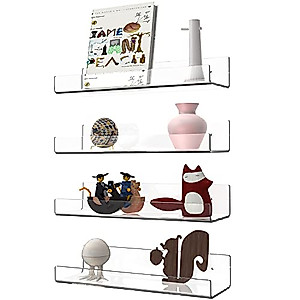 15 inch Clear Acrylic Floating Wall Ledge Shelf Display,4pcs Wall Mounted Nursery Kids Bookshelf Invisible Spice Rack, Bathroom Storage Shelves Display for Bedroom Office Toy Picture Ledge, 5MM Thick