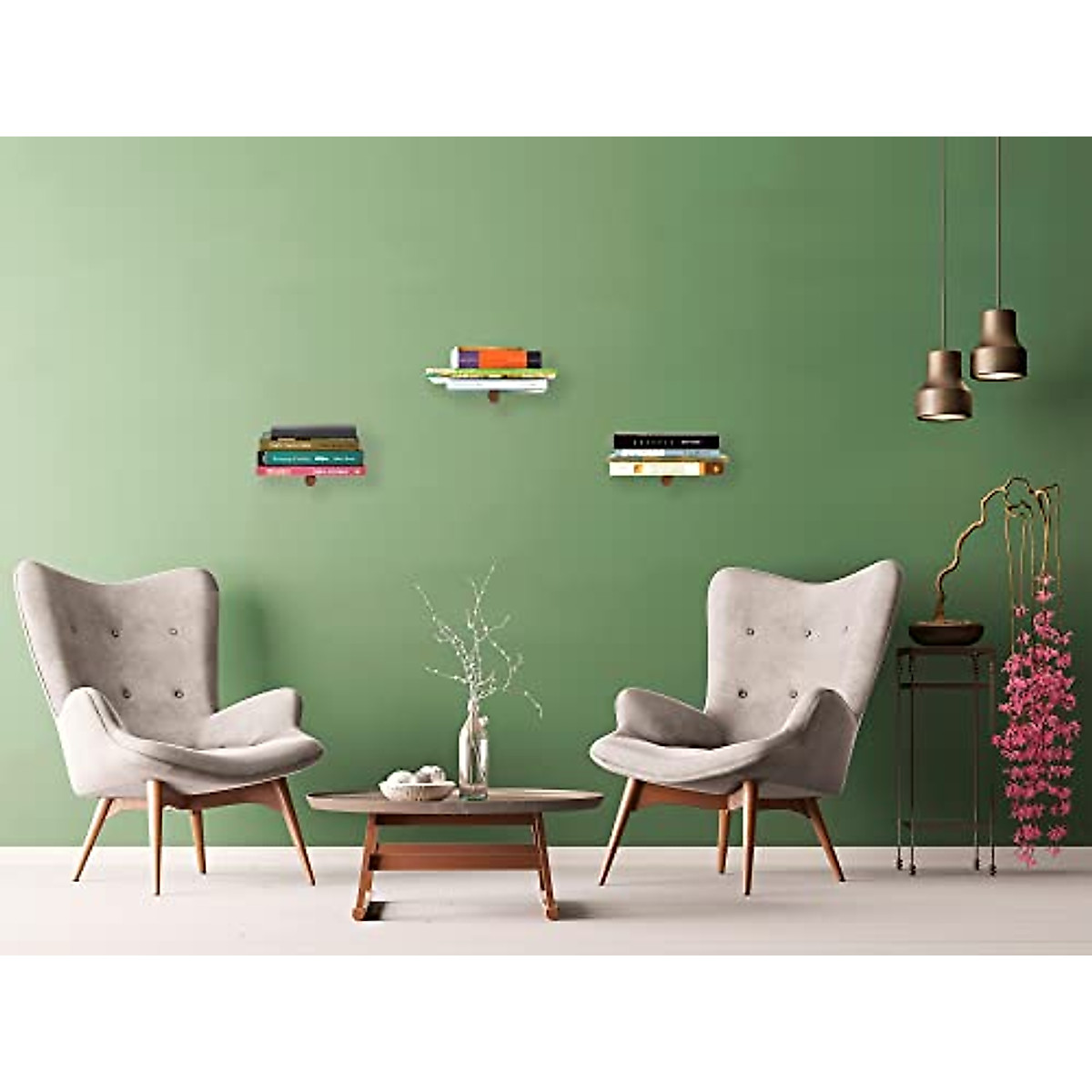 Decorative Invisible Floating Bookshelf with Wooden Rod, Wall Mounted Metal Book Organizer Shelf, for Home, Office, Library, Study, Livingroom, Bedroom, Set of 3 Walnut.