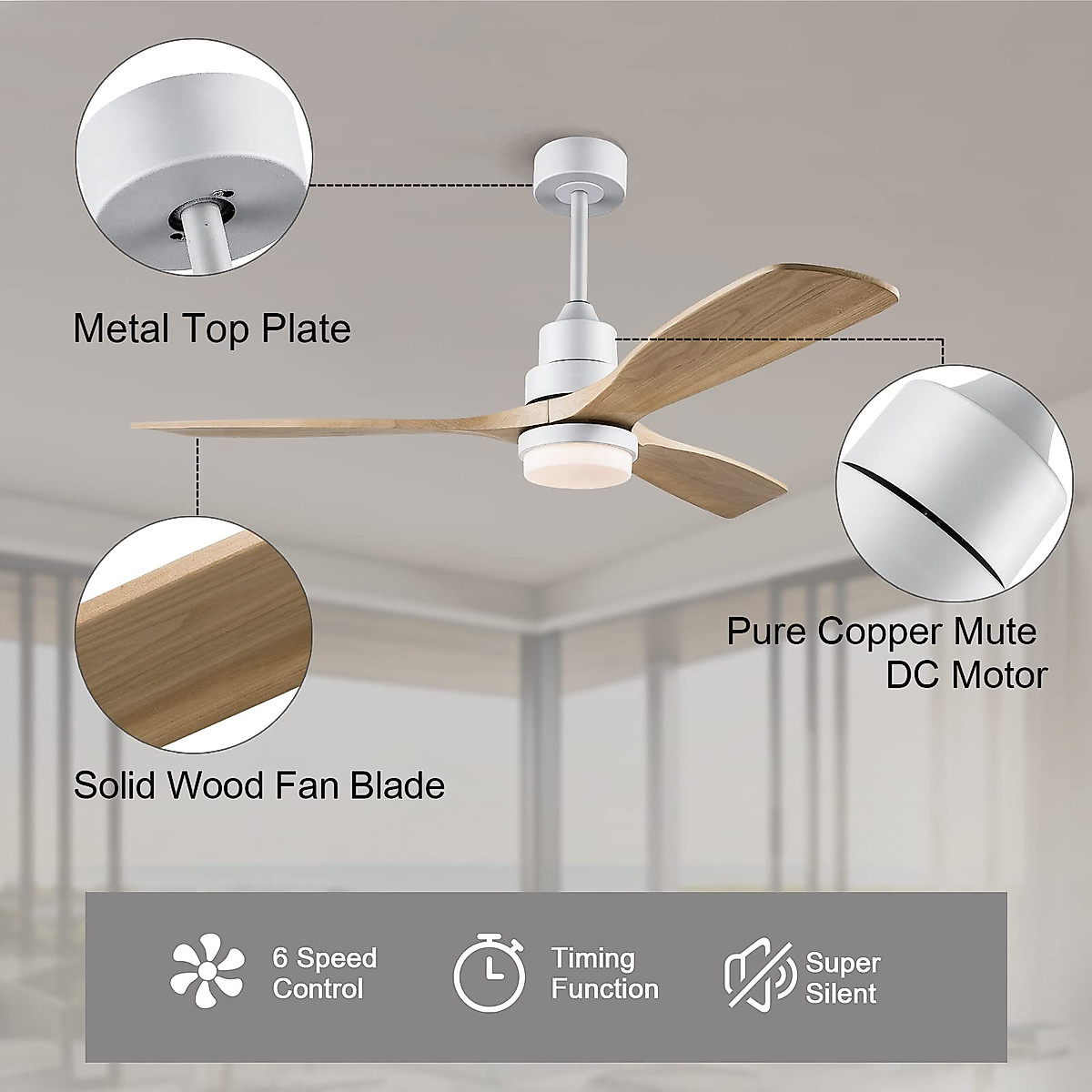 BOJUE 52 Inch Ceiling Fans with Light Remote Control,Indoor Outdoor Ceiling Fan for Patio Living Room,Bedroom,Office,Summer House,Etc