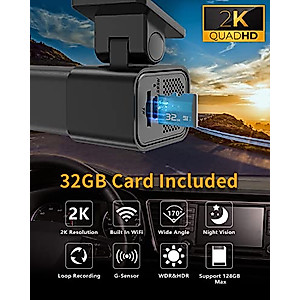 AX2V 2K WiFi Dash Cam for Cars with Super Night Vision and 170° Wide Angle - Screenless 1600P Dash Camera with WDR, G-Sensor, Loop Recording, and Parking Mode - Includes 32GB SD Card