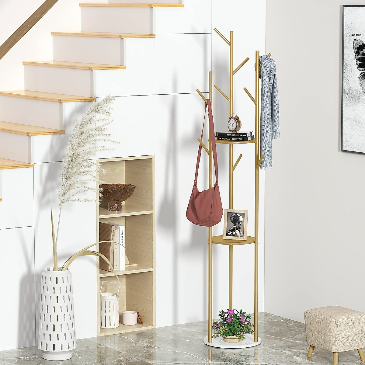 MOUTIK Metal Gold Coat Rack, Tree Hanger Freestanding Coat Racks with 3 Storage Shelves and 9 High-grade Hooks and Stable Marble Base, for Jackets Hats Bags Purses Entryway Hall Bedroom