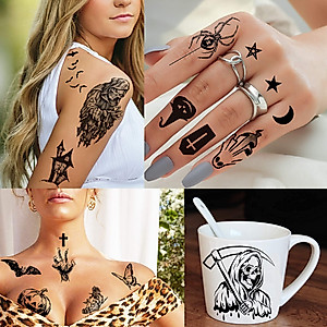 Shegazzi 52 Sheets Halloween Temporary Tattoos For Kids Boys Girls Women Men, 3D Scary Skull Skeleton Fake Tattoos Sticker For Adults, Small Ghost Vampire Bat Pumpkin Spider Temp Transfer Tatoos Devil