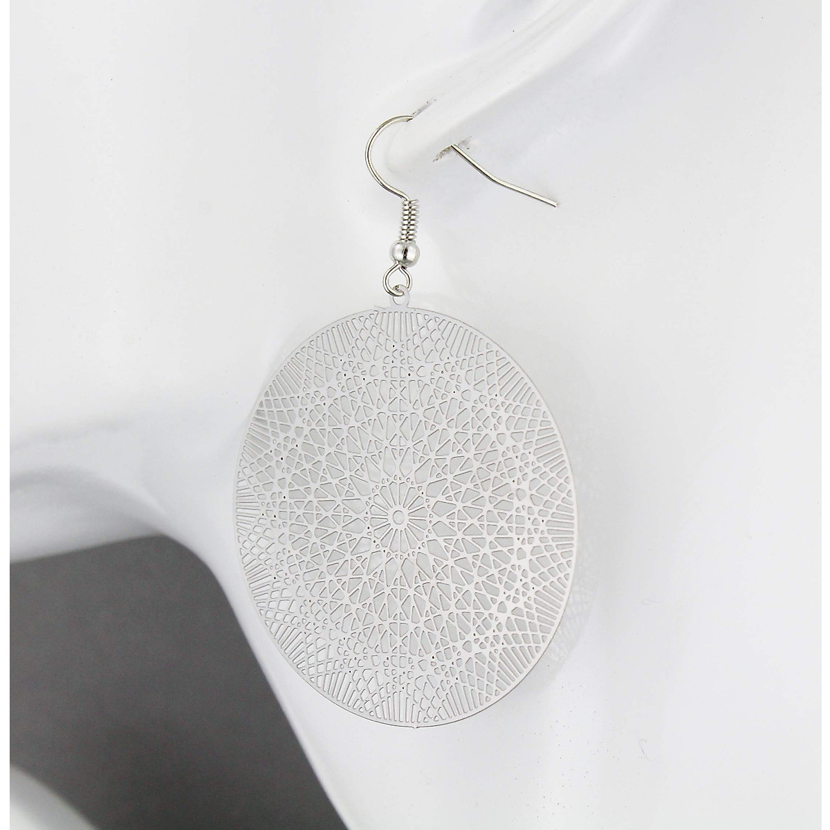 Silver filigree round disc earrings medallion 1 5/8 inches wide very lightweight circle cut out lace pattern
