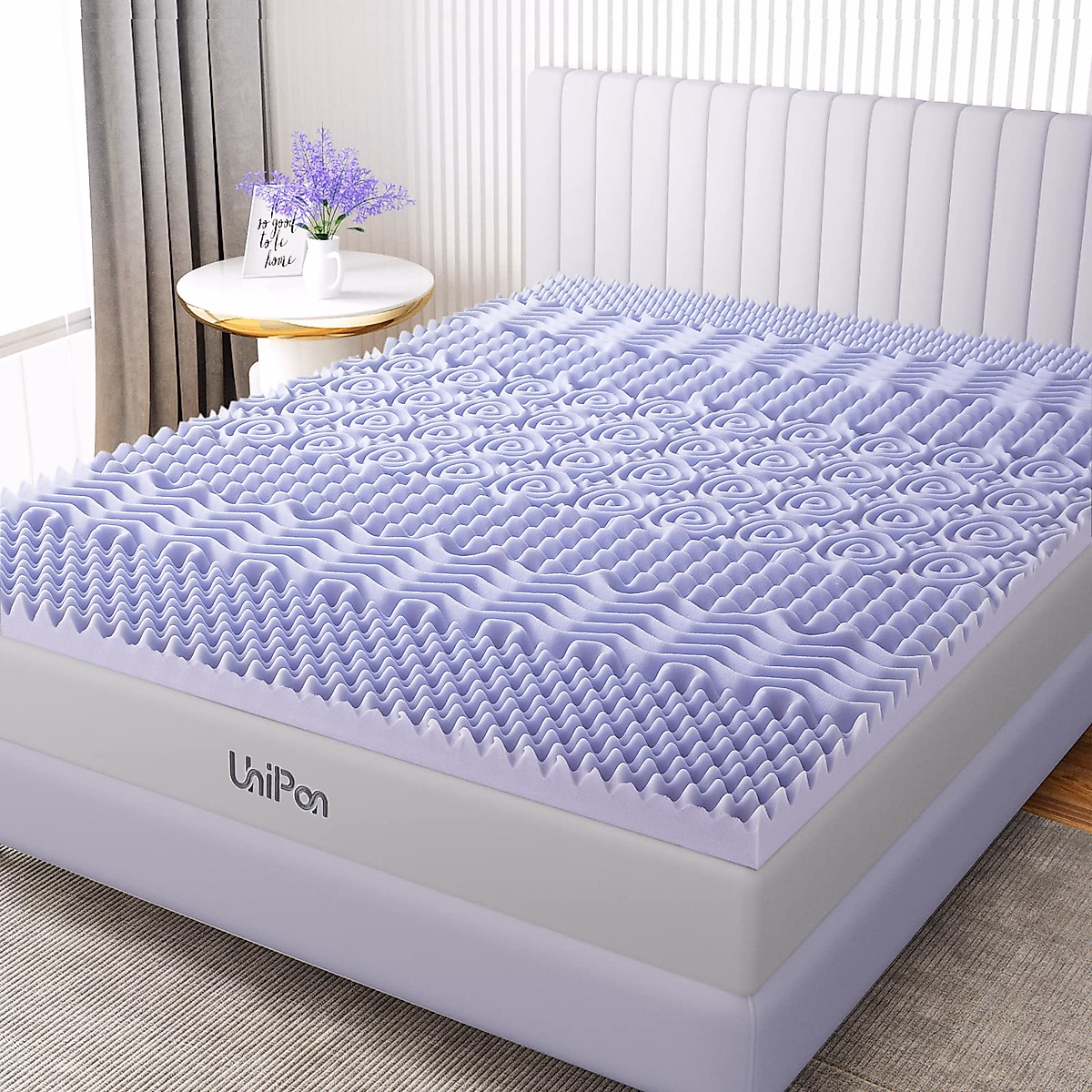 UniPon 3 Inch Egg Crate Memory Foam Mattress Topper, Lavender Infused Mattress Topper, 7 Zones Memory Foam Bed Topper, CertiPUR-US Certified (Queen)