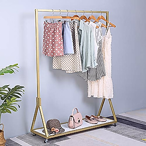 Ethemiable Clothing Store Modern Rolling Clothing Display Stands with Wheels,Storage Shoe Bag Pipe Shelf,Organization Garment Rack,Home Clothes Hanging Shelves（Gold with Wood Board, 47.2" L）