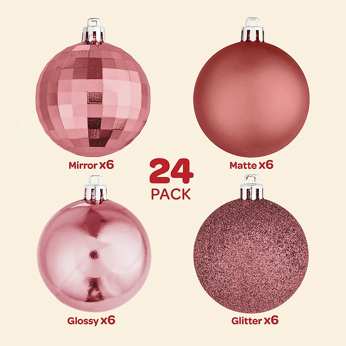 Christmas Ornaments Set of 24 - Beautiful [Rose-Gold] Christmas Tree Decorations Ornaments Set - 4 Styles Glitter/Matte/Mirror/Shiny - Shatterproof/Pre-Strung, For Holiday/Party/Decorations/DIY (1.5")