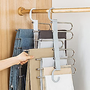Pants Hangers,Stainless Steel 6 Layers Magic Pants Hanger Rack,White Foldable Pants Rack Hanger Multifunctional Multi Layer Pants Folding Trouser Hanging Rack