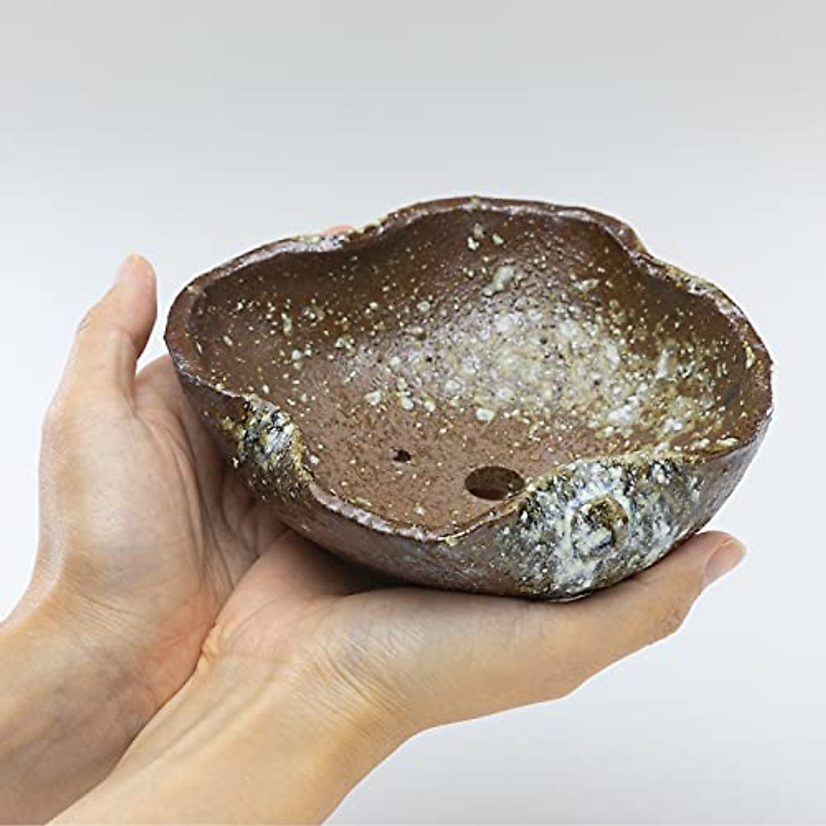 Wazakura Shigaraki Series Handmade Leaf Shaped Ceramic Bonsai Pot with Drainage Hole, 5.9 in (150 mm) Made in Japan, Garden Training Container, Flower Planter, Succulent Bowl - Red Brown