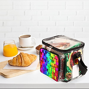 bisibuy Rainbow Box Pattern Clear Lunch Bag Stadium Approved PVC Plastic See Through Lunch box with Adjustable Strap for Sports Events Concerts Office