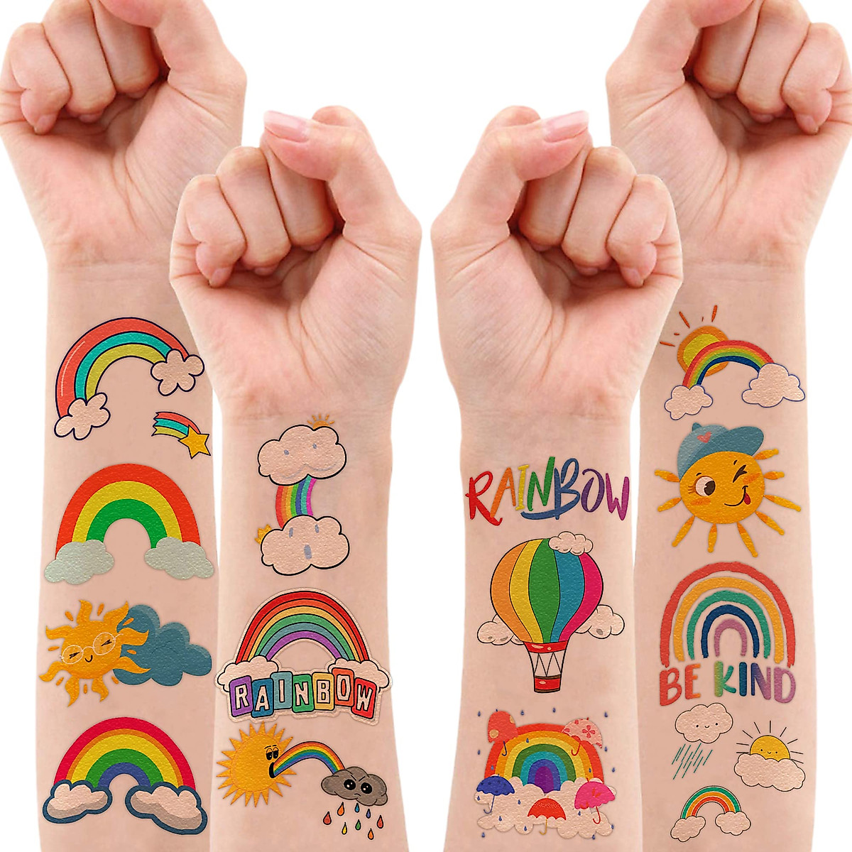 8 Sheets (96PCS) Rainbow Temporary Tattoos Theme Birthday Party Decorations Supplies Party Favors Decor Tattoo Stickers For Kids Girls Boys Gifts Classroom School Prizes Rewards