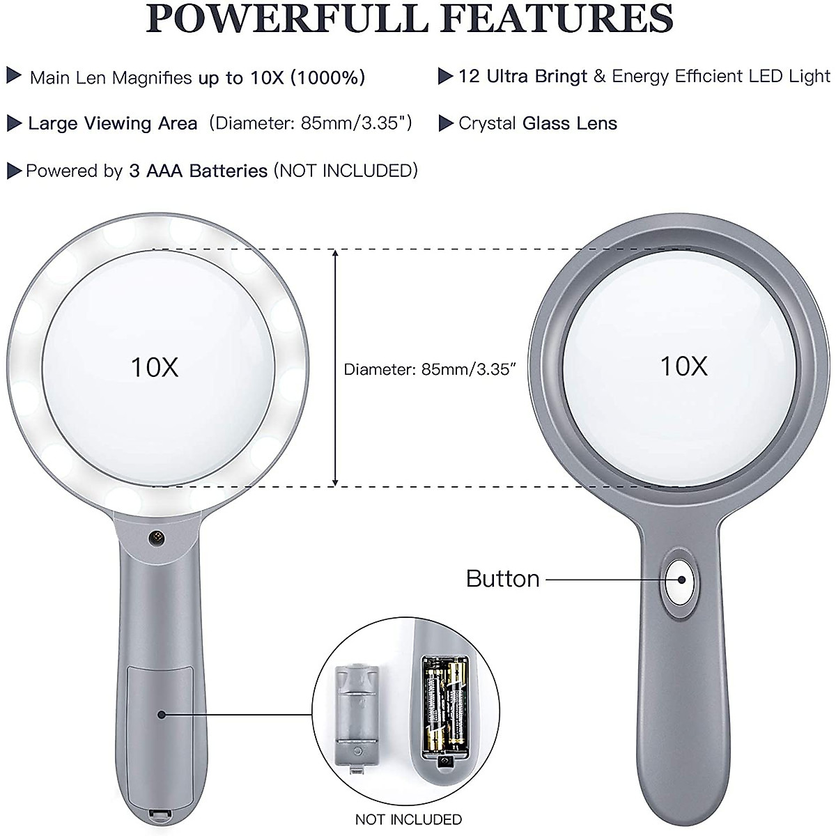 HYOIIO 10X Handheld Magnifying Glass-Lighted Reading Magnifier with 12 LED Lights Large and Real Magnifying Lens for Macular Degeneration, Seniors Reading, Soldering, Inspection, Coins