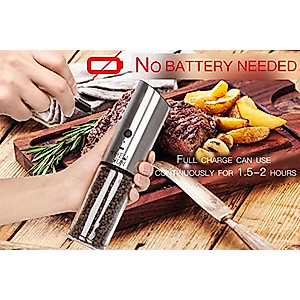 USB Rechargeable Electric Gravity Salt and Pepper Grinder Set with Adjustable Coarseness Automatic Pepper and Salt Mill Set with White LED Light,One Hand Operated,Brushed Stainless Steel by CHEW FUN