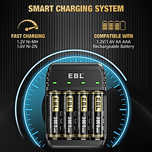 EBL Rechargeable AA Batteries with 4 Bay Ni-Zn/Ni-MH Battery Charger - 4 Pack 3000mWh - 1.6V Double A Battery High Performance and AA AAA Battery Charger