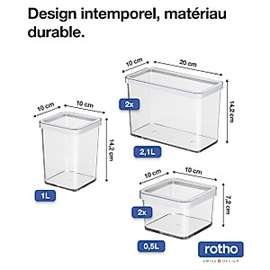 Rotho, Loft, Set of 5 Storage Boxes, Plastic (PP) BPA-Free, Transparent/White, 2 x 2,1l, 1 x 1,0l, 2 x 0,5l (30,0 x 21,0 x 15,0 cm)